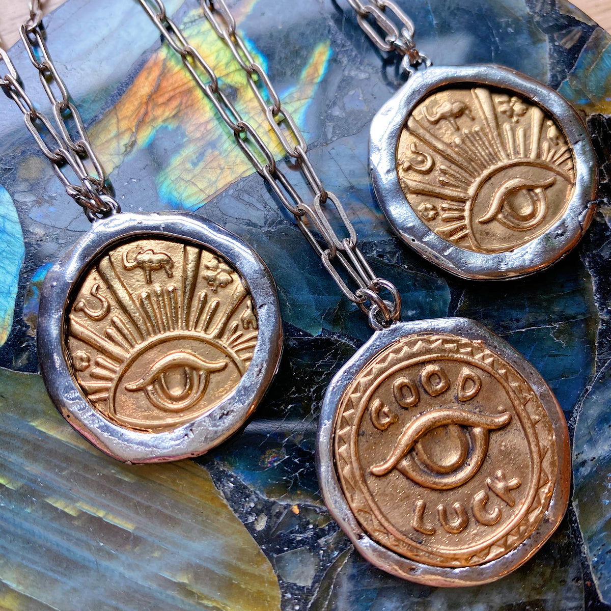 Eye Feel Lucky - Double Sided Silver + Brass Good Luck Charm + 20" Pap ...